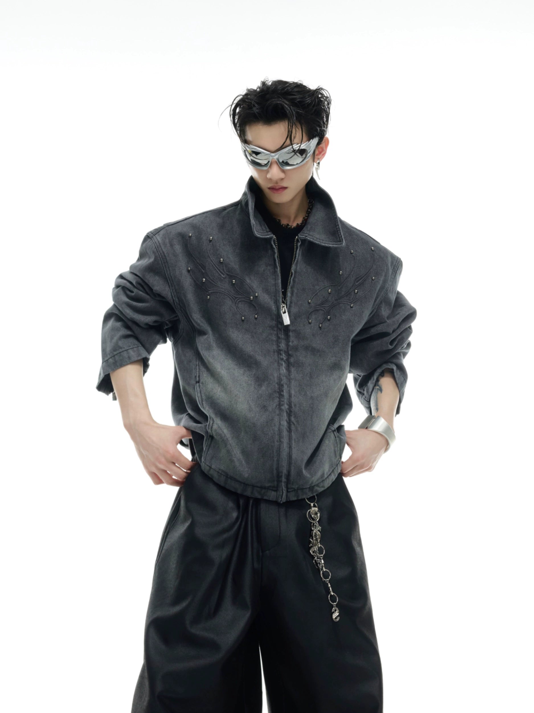 Washed Studs Spine Short Denim Zipper Jacket WN16329 – WONDER NOAH