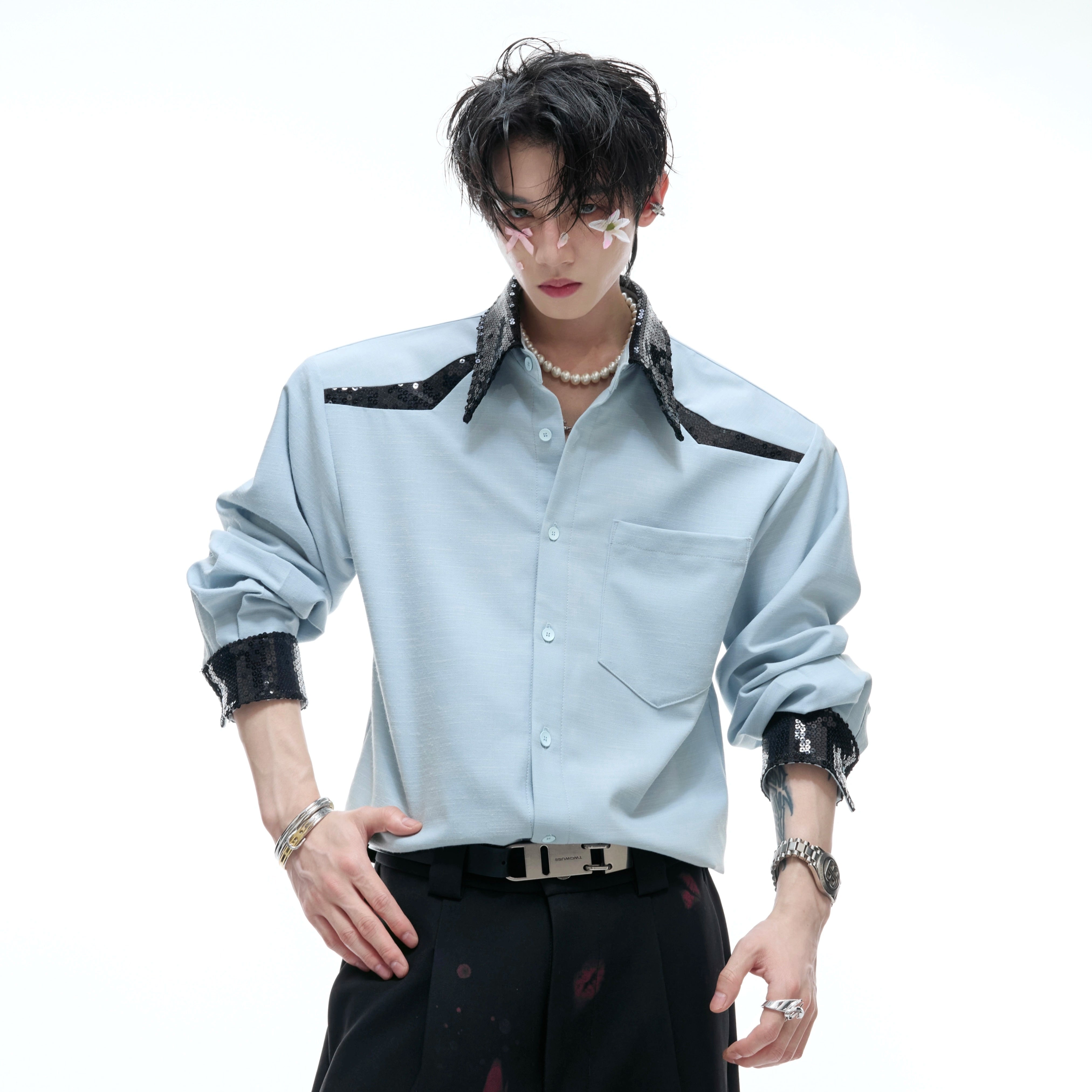 Sequin Colorblock Drape Shoulder-Pad Long Sleeve Shirt WN20531 – WONDER ...