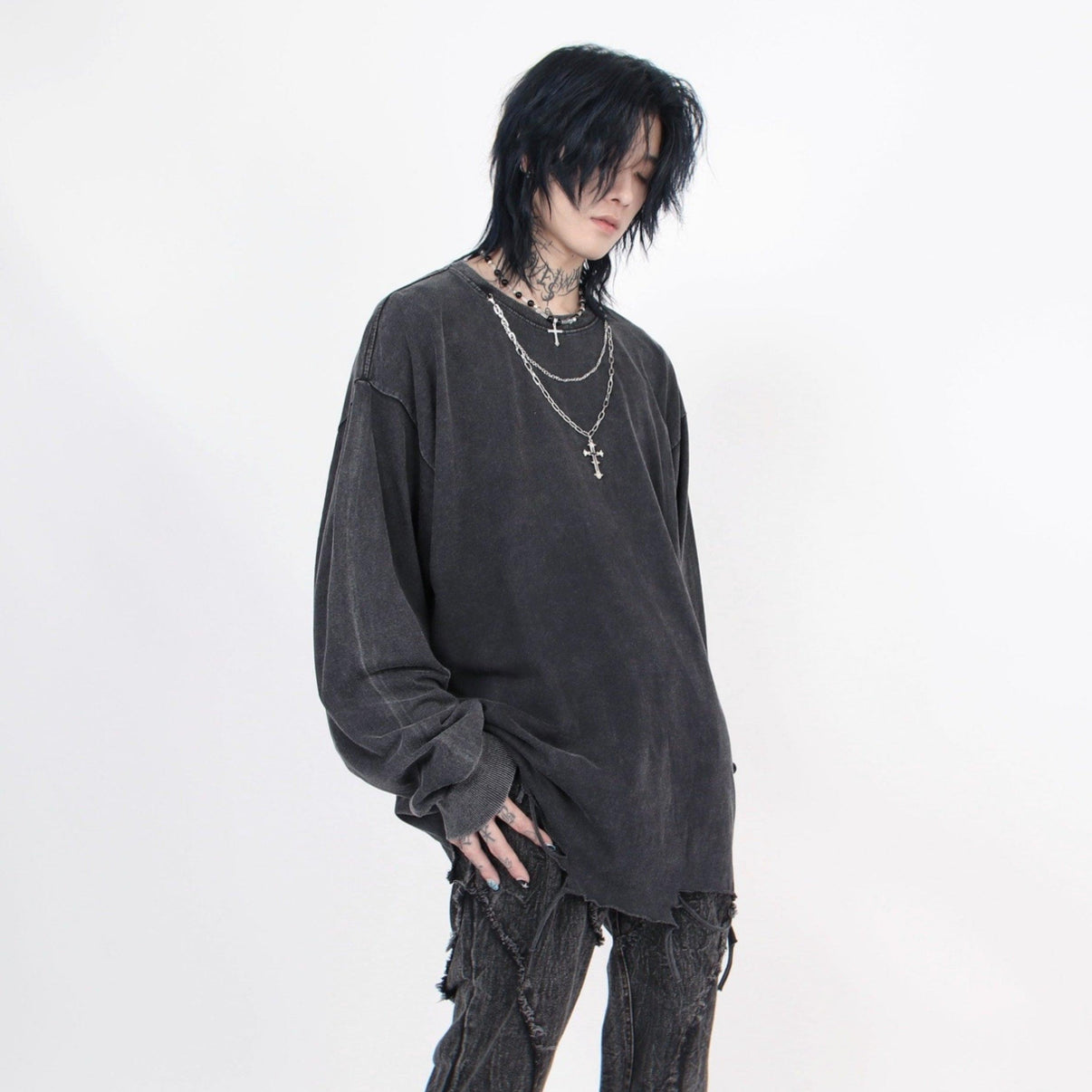 Oversize Damage Necklet Attached Long-sleeve T-shirt WN2102 – WONDER NOAH
