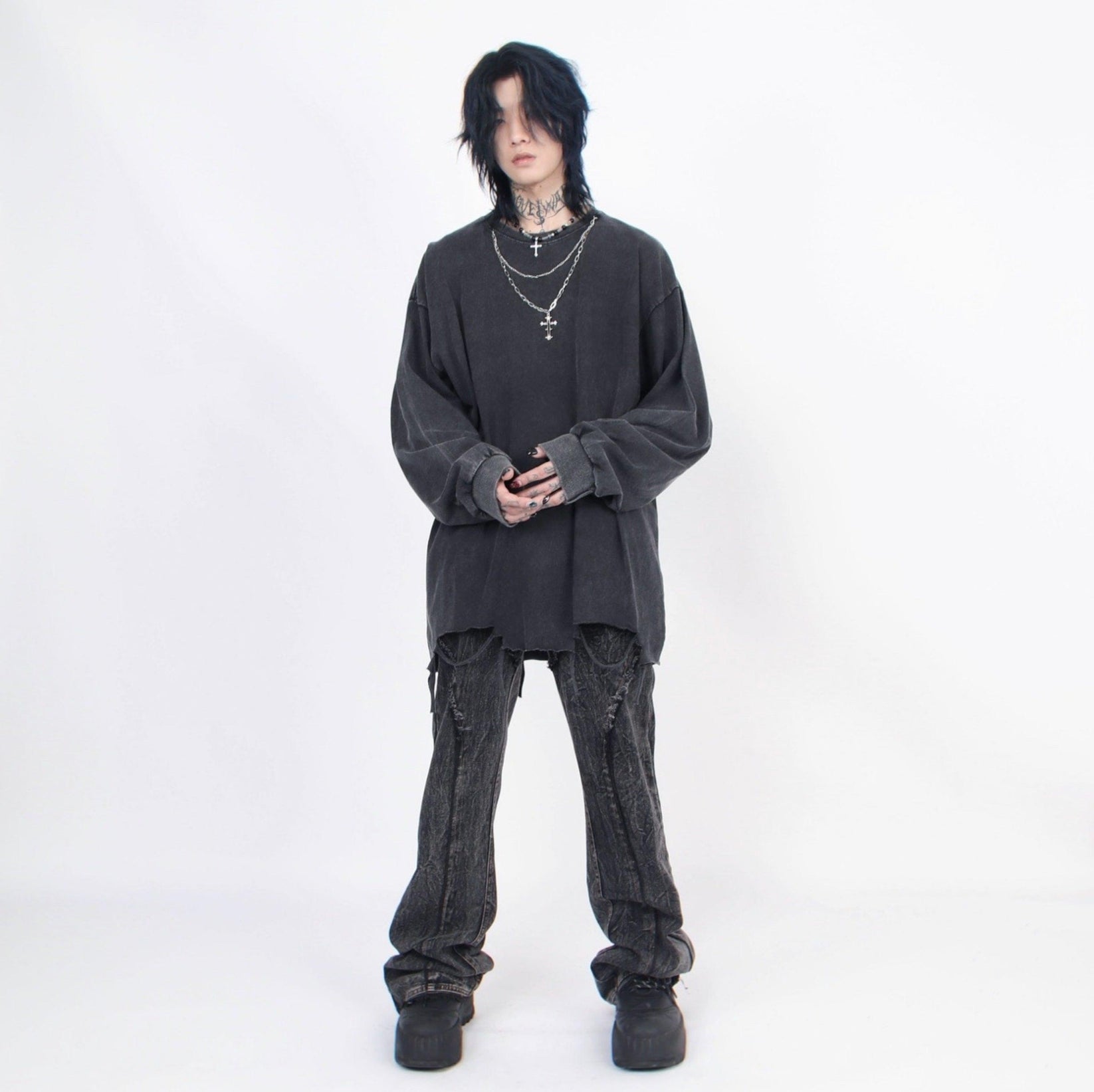 Oversize Damage Necklet Attached Long-sleeve T-shirt WN2102 – WONDER NOAH