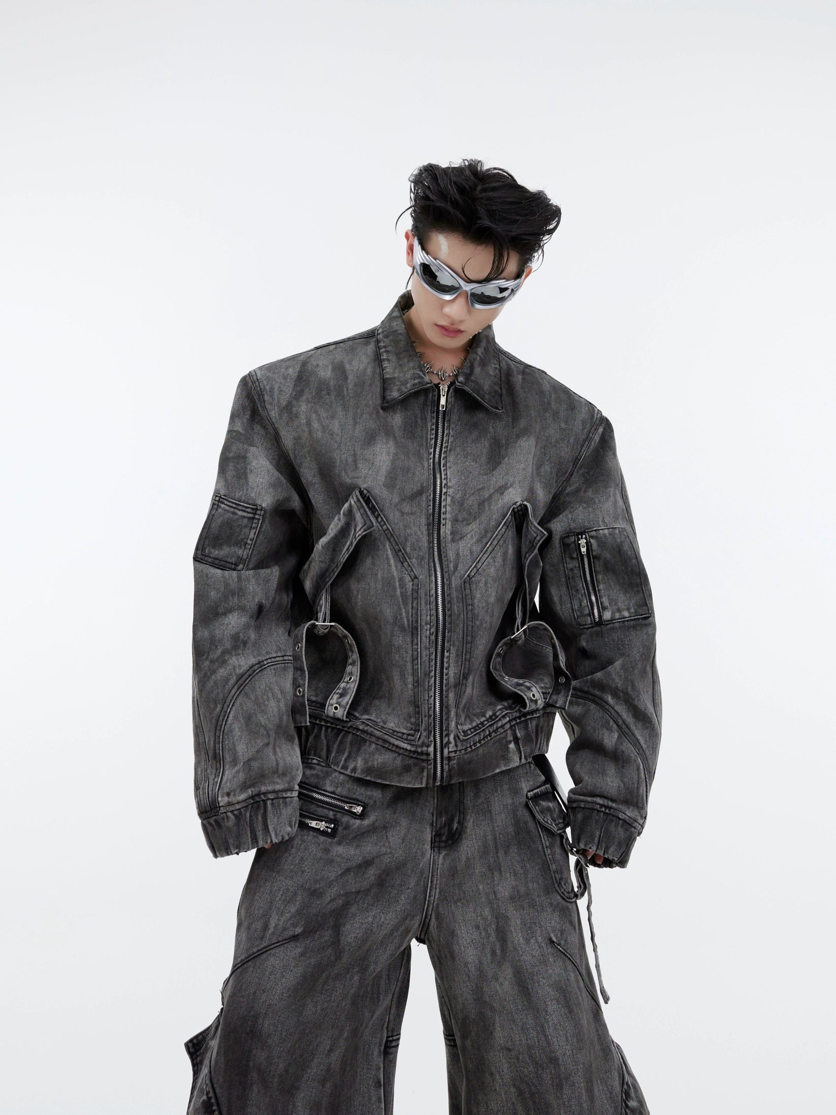 Oversize Zipper Denim Jacket & Wide-leg Denim Jeans Setup WN2366 ...