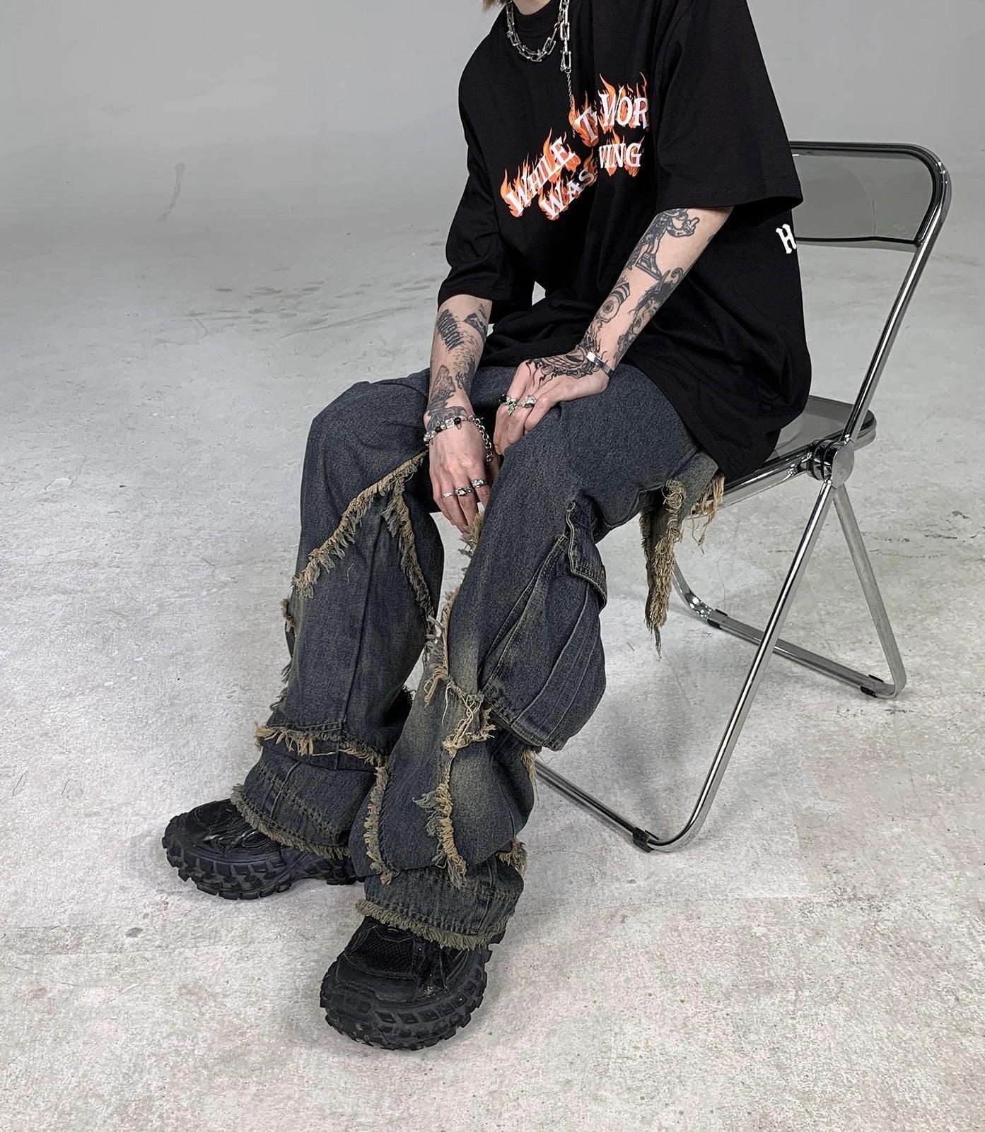 Pentagram Raw-edge Washed Denim Jeans WN1534 – WONDER NOAH