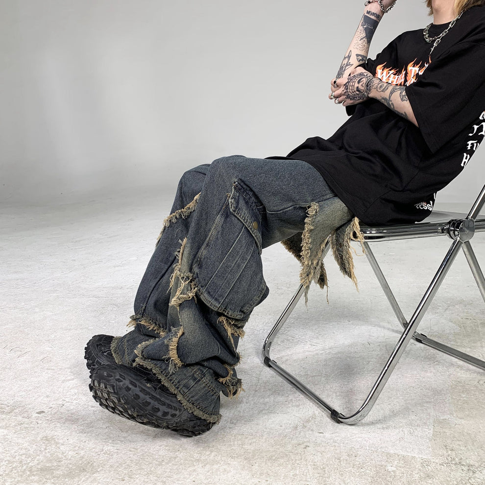 Pentagram Raw-edge Washed Denim Jeans WN1534 – WONDER NOAH