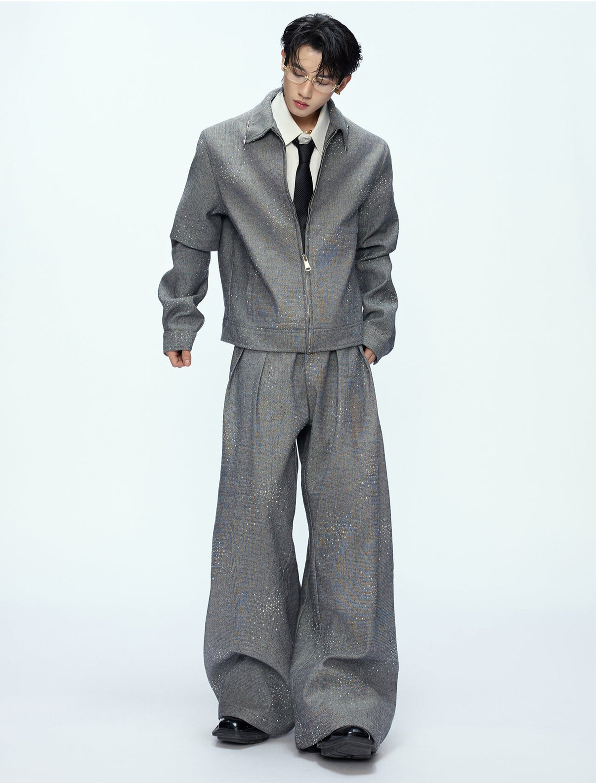 Rhinestone Decor Zipper Jacket & Wide Leg Pants Setup WN21228 – WONDER NOAH