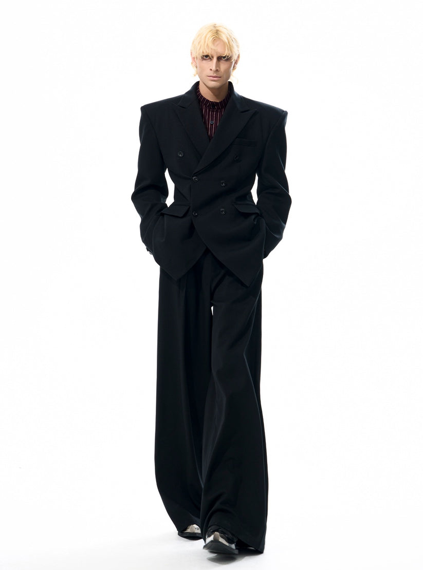 Detachable PU Leather Collar Wool Tailored Jacket & Straight Leg Pants ...