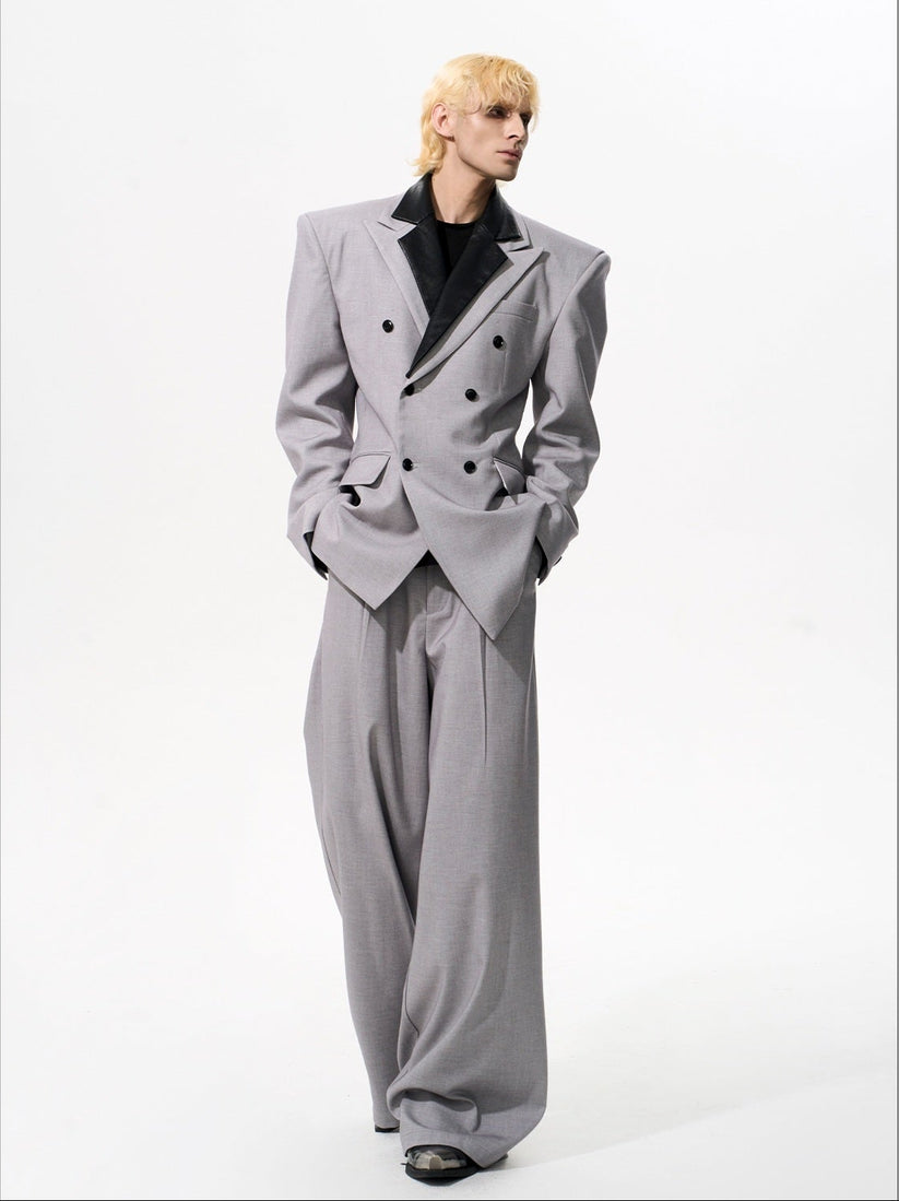 Detachable PU Leather Collar Wool Tailored Jacket & Straight Leg Pants ...